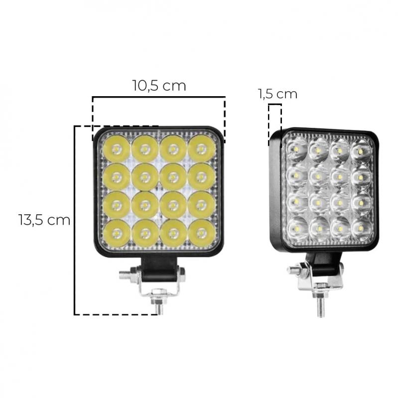 REFLETOR 12V QUADRADO 16LEDS 48W PRETO - Farol Pesca e Náutica