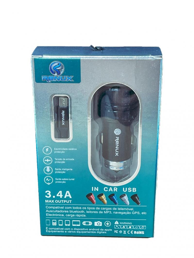 KIT CARREGADOR VEICULAR RAPIDO V8 3.4A 2 USB RENUX RE-CAR-8318 ...